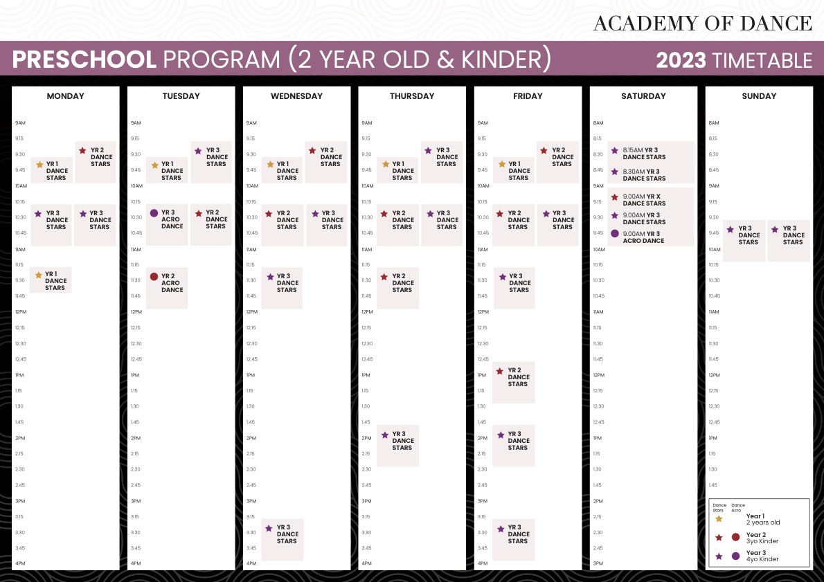 Preschool Timetable (Age 2-5) | Australian Academy Of Dance